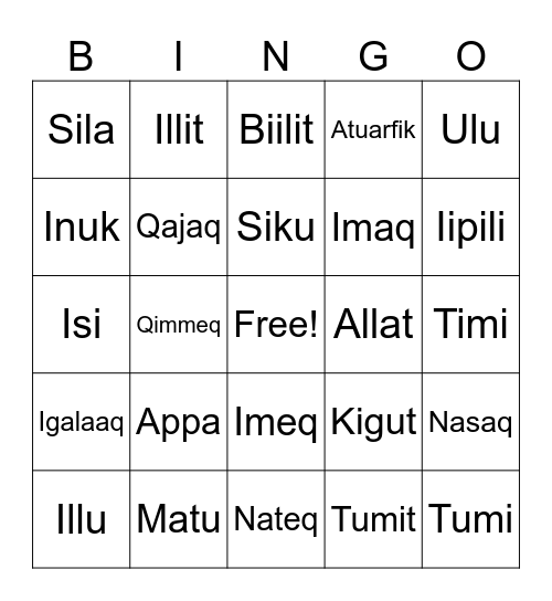 Kalaallisut Bingo Card