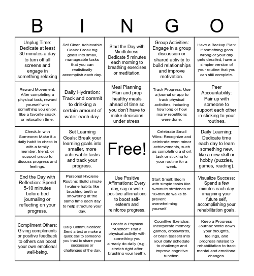 Routine Building Bingo Card