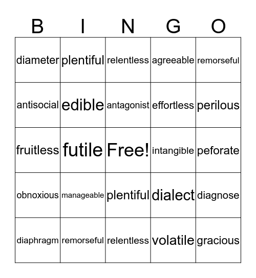 Prefix & Suffix Bingo Card