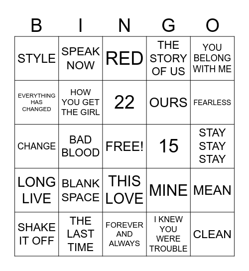 TAYLOR SWIFT SONGS Bingo Card