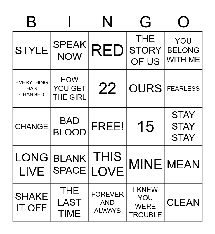 TAYLOR SWIFT SONGS Bingo Card