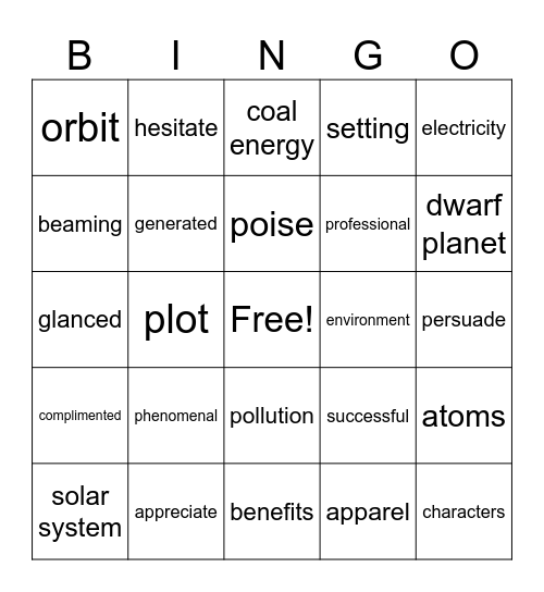 Reading Vocabulary Bingo Card