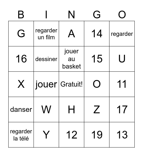 Les activités et les lettres Bingo Card