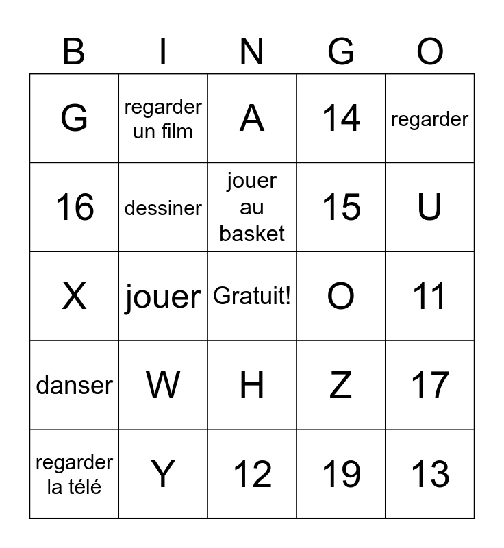 Les activités et les lettres Bingo Card