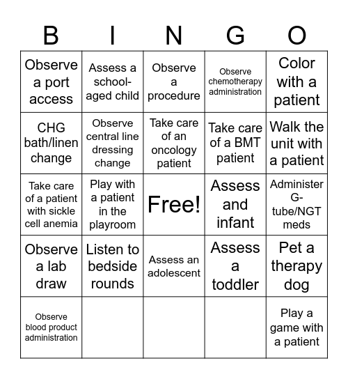 Peds Clinical BINGO Card