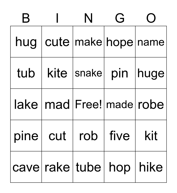 CVC and VCe Words Bingo Card