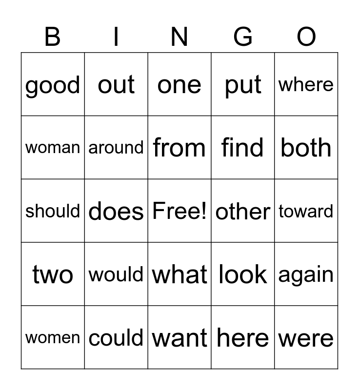 Beginning Sipps Sight Word Bingo Card