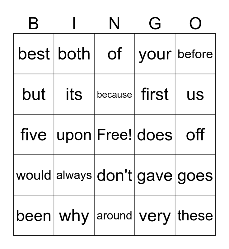 High Frequency Words Bingo Card