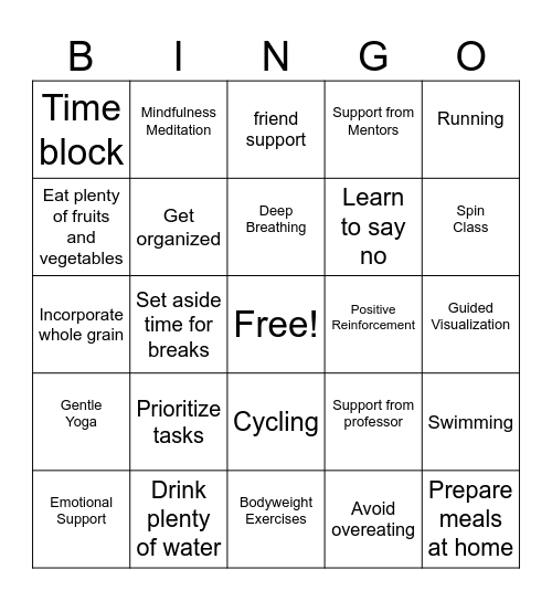 Strategies for Managing Stress Bingo Card