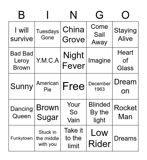 70s Music Bingo Card