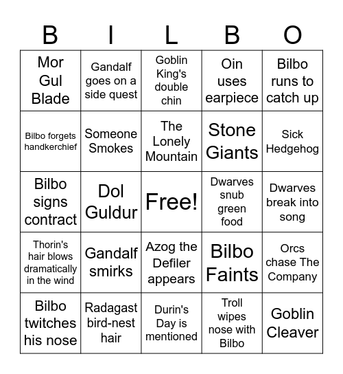 The Hobbit Bingo Card