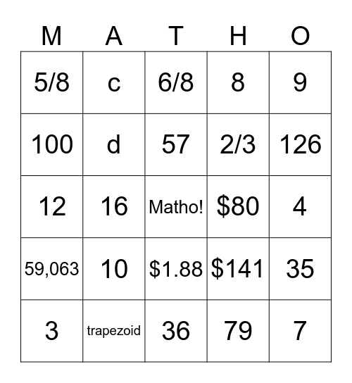 Math Bingo Card