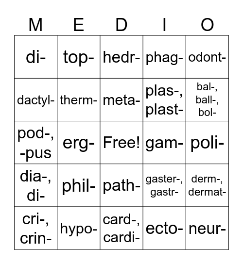 Greek Prefixes/Bases Bingo Card