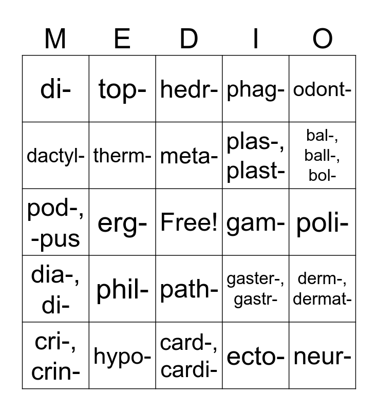 Greek Prefixes/Bases Bingo Card