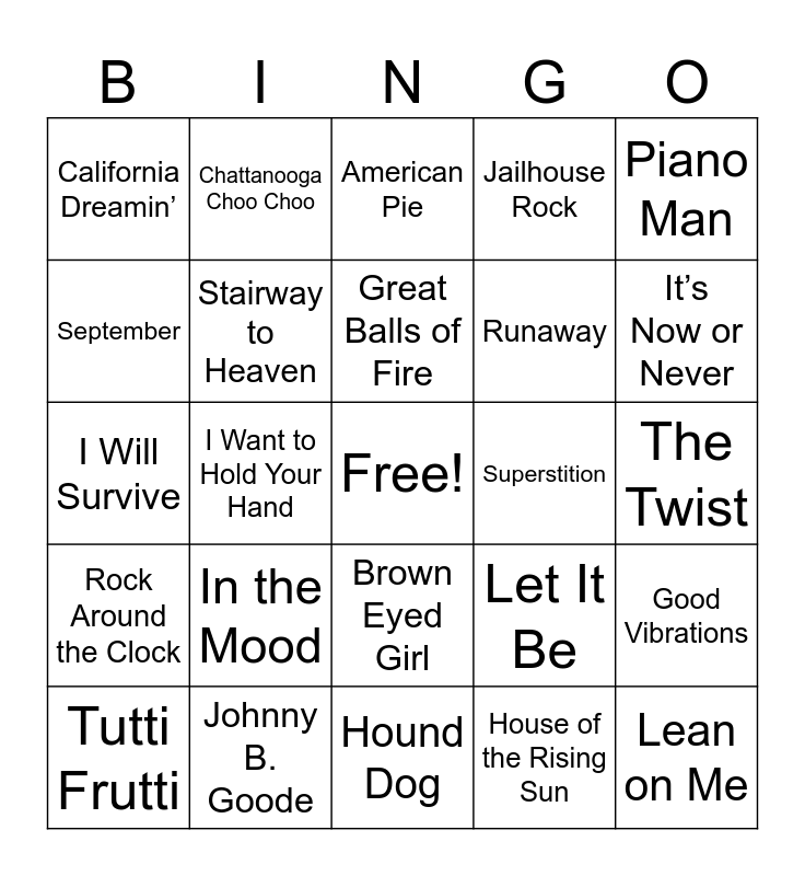 40s, 50s, 60s, 70s Bingo Card