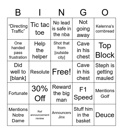 Bob and Kelenna Bingo Card
