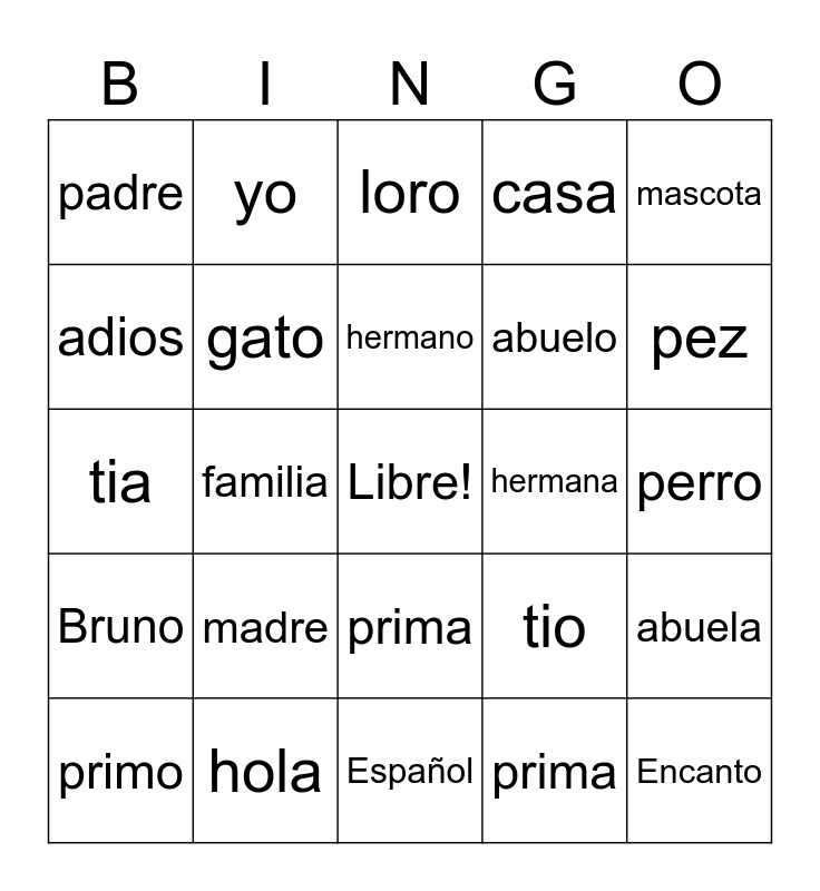 La Familia Bingo Card