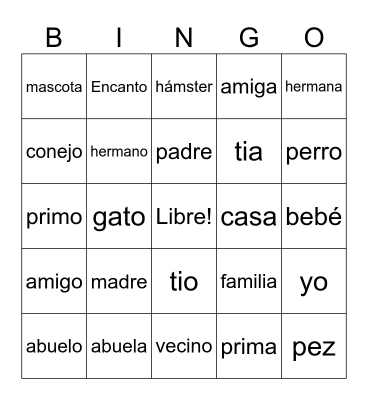 La Familia Bingo Card