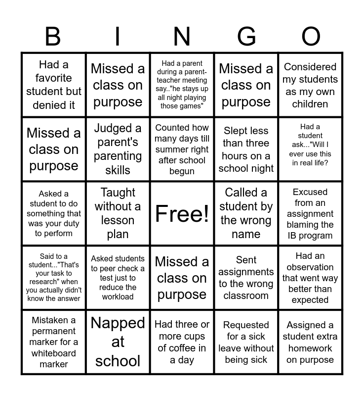 Never have I ever... Bingo Card