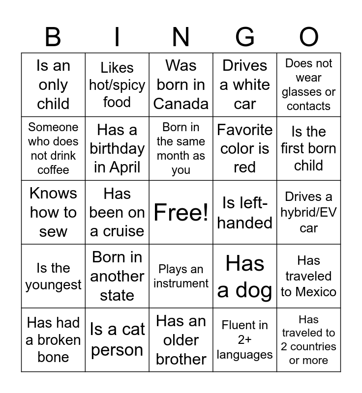 Mingle Bingo Card