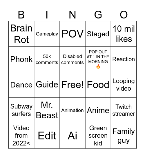Youtube shorts Bingo Card