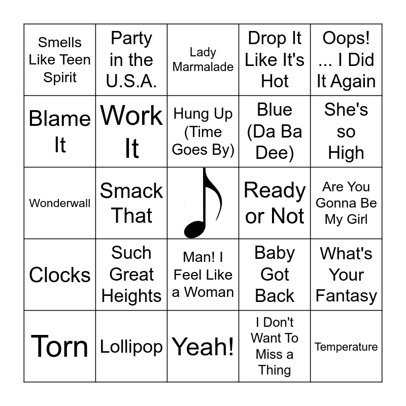Millennial Mixtape Bingo Card