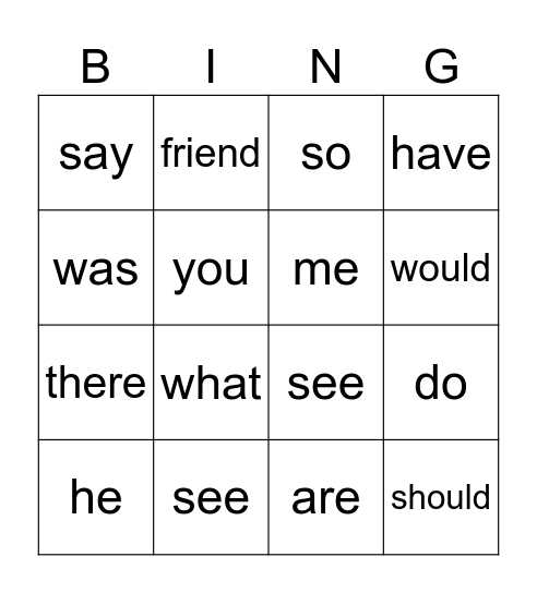 Tricky Words Bingo Card