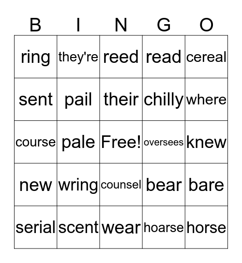 HOMOPHONES Bingo Card