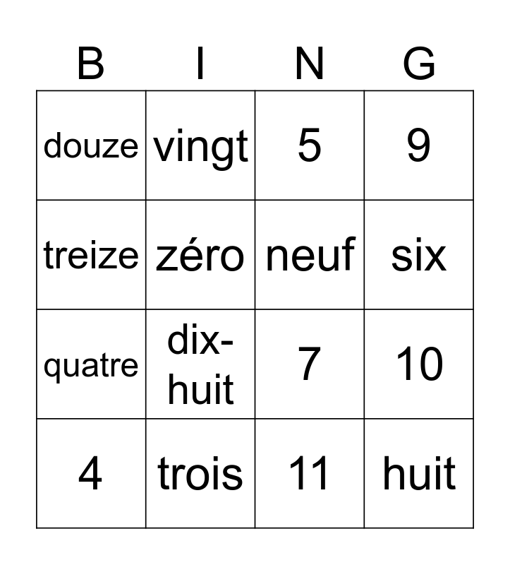 French Numbers Bingo Card