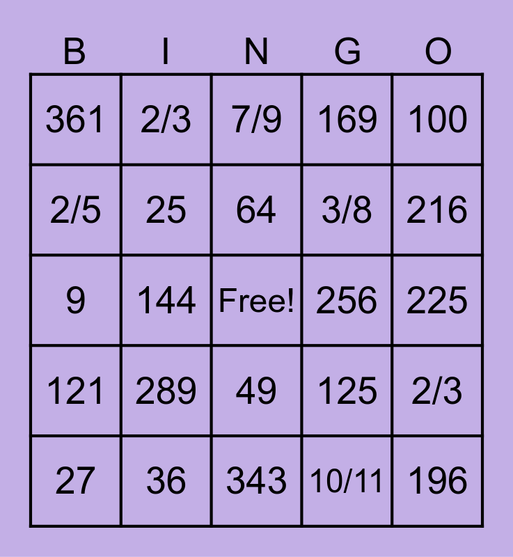 Perfect Squares and Cubes Bingo Card