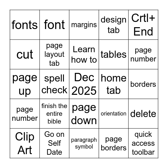 Microsoft Word Bingo Card