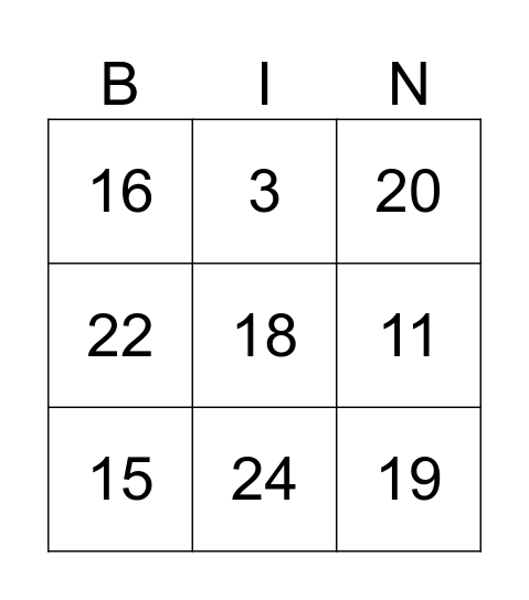3x3 Bingo Card