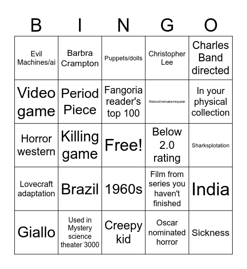 April Horror challenge Bingo Card