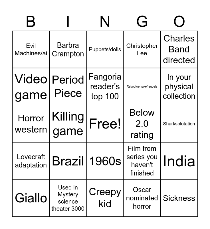 April Horror challenge Bingo Card