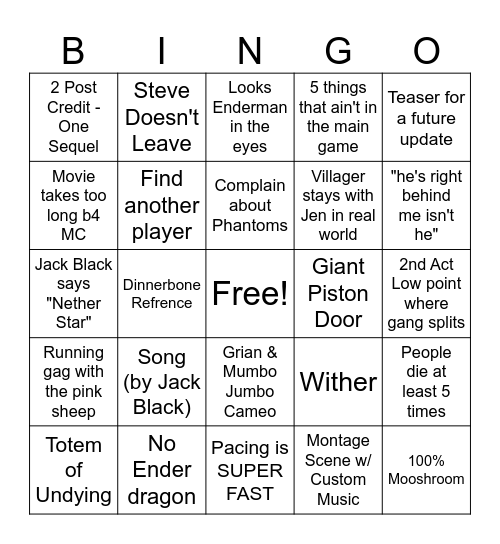 Minecraft Movie Bingo Card