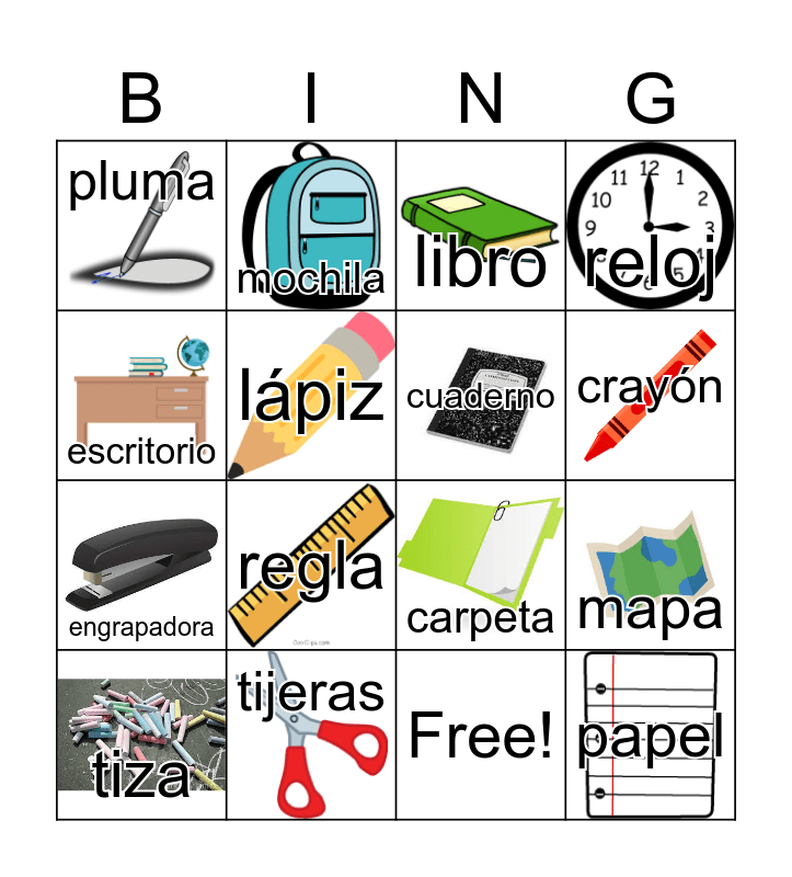 Útiles escolares Bingo Card