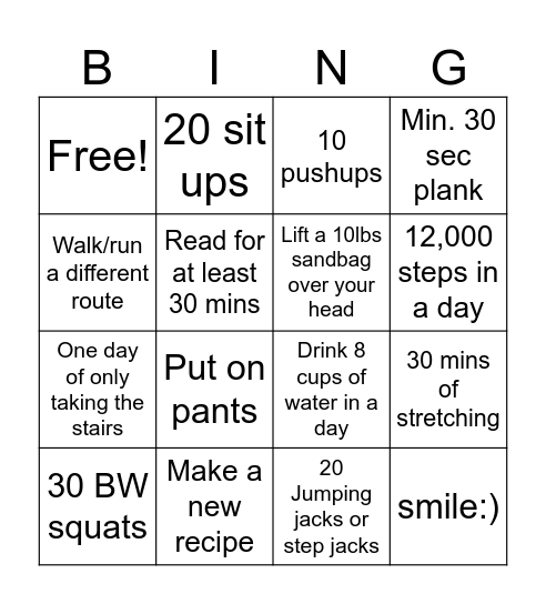 April Wellness Challenge Bingo Card