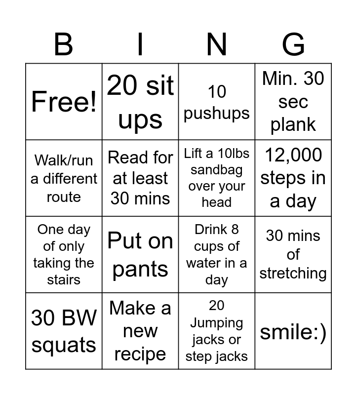 April Wellness Challenge Bingo Card