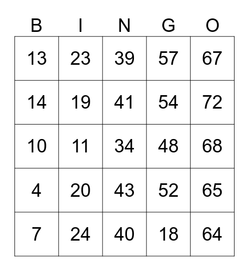Teen Number Bingo Card