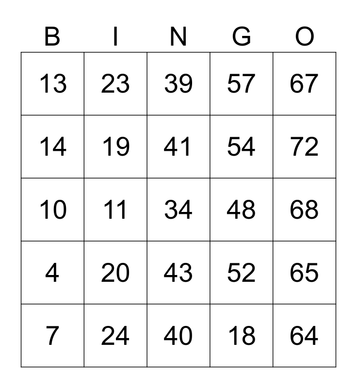 Teen Number Bingo Card