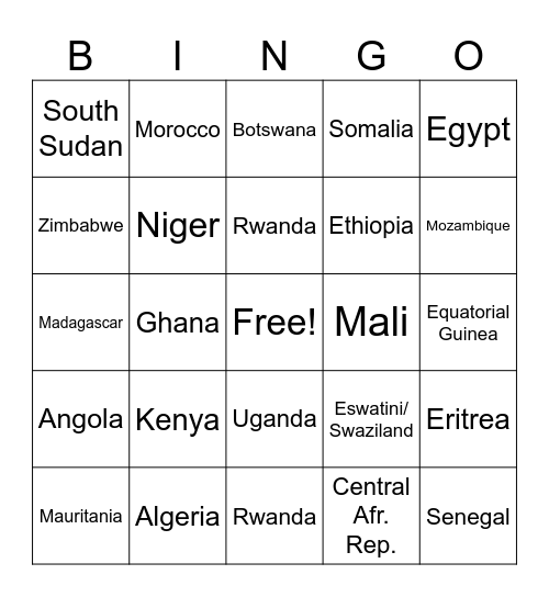 Africa Bingo Card
