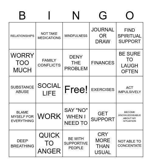 COPING SKILLS BINGO Card