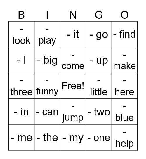 Kinder Sight words Bingo Card
