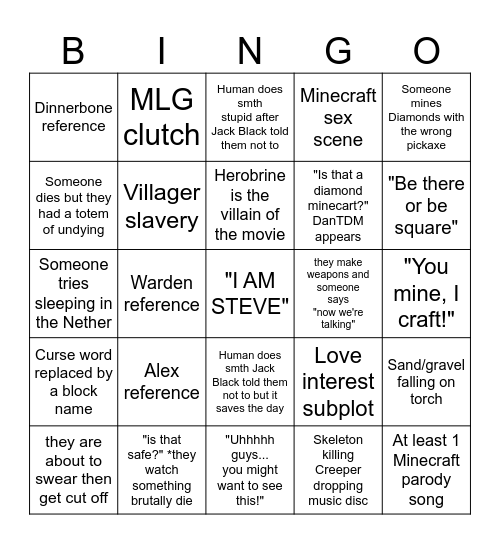 Minecraft Movie Bingo Card