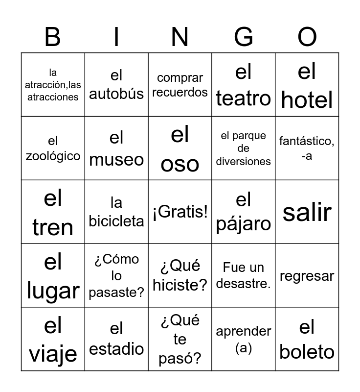 Realidades 1 Capítulo 8A Bingo Card