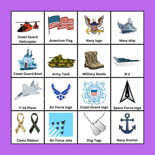 Military Kids Bingo Card