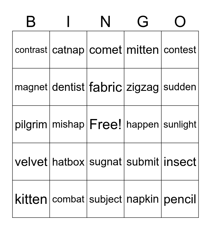Multisyllabic Words Bingo Card