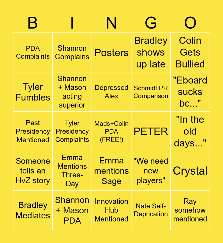HvZ Mod x Eboard Meeting Bingo Card