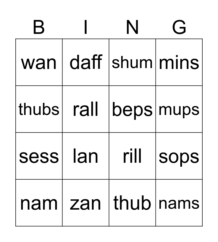 Nonsense Word Bingo! Bingo Card