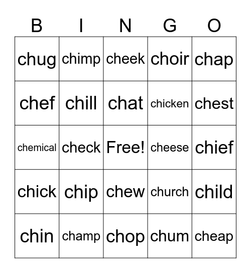 Diagraph Ch /k/ and /sh/ Bingo Card